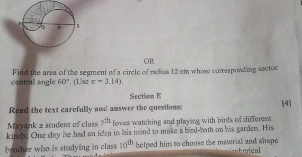 Or Find The Area Of The Segment Of A Circle Of Radius 12 Cm Whose Corresp