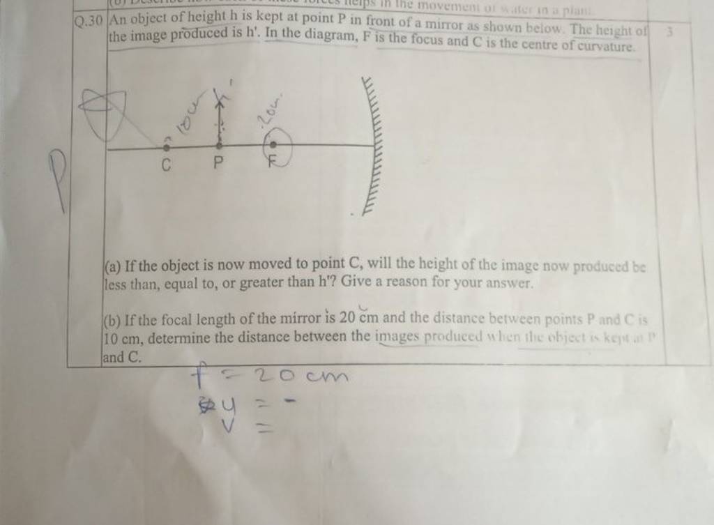 Q.30 An object of height h is kept at point P in front of a mirror as sho.. Q.30 An object of height h is kept at point P in front of a mirror as sho..