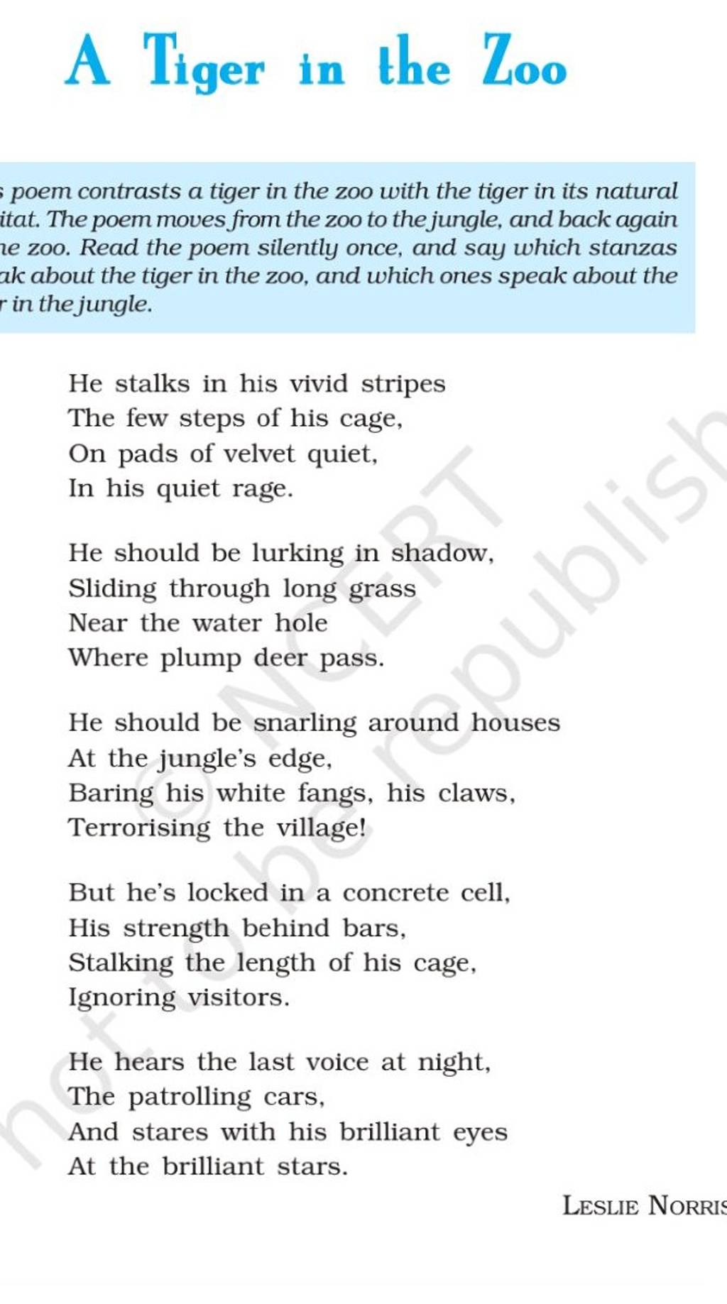 A Tiger in the Loo poem contrasts a tiger in the zoo with the tiger in it..