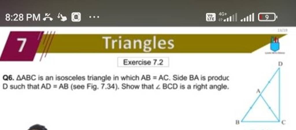 8:28PM⇒N ta.. Triangles Exercise 7.2 Q6. ABC is an isosceles triangle in..