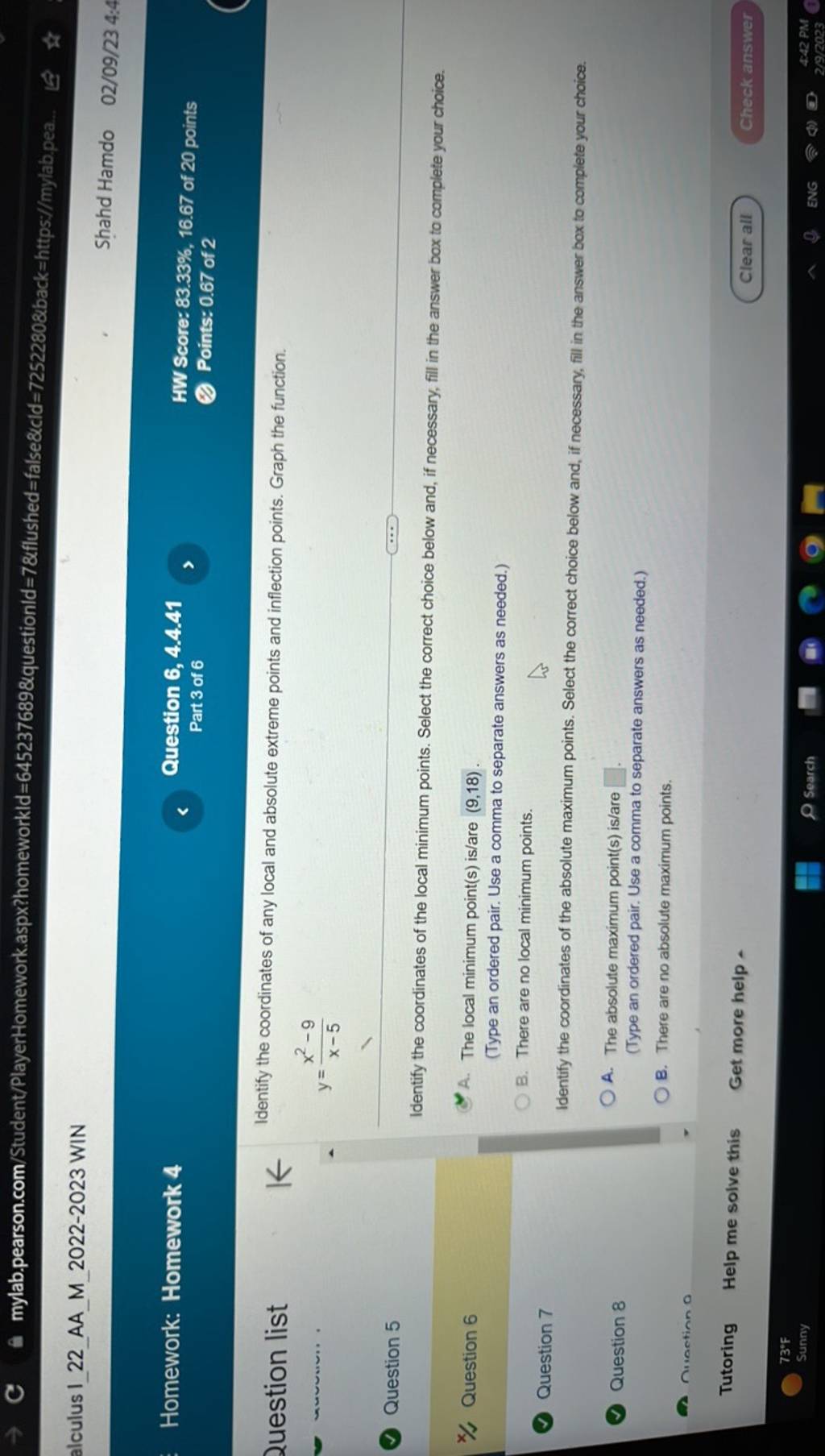 → C mylab.pearson.com/Stud alculus I_22_AA M_2022-2023 WIN Homework: Home..