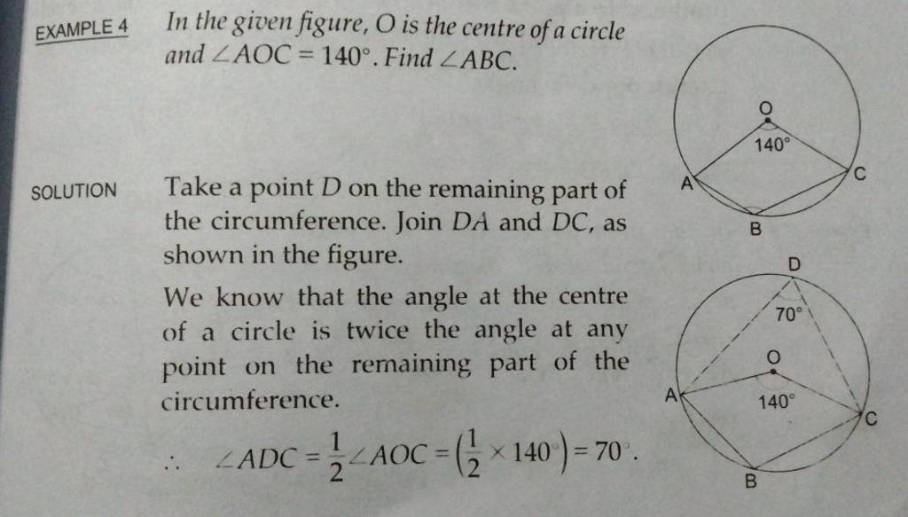 EXAMPLE 4 In the given figure, O is the centre of a circle and ∠AOC=140∘...