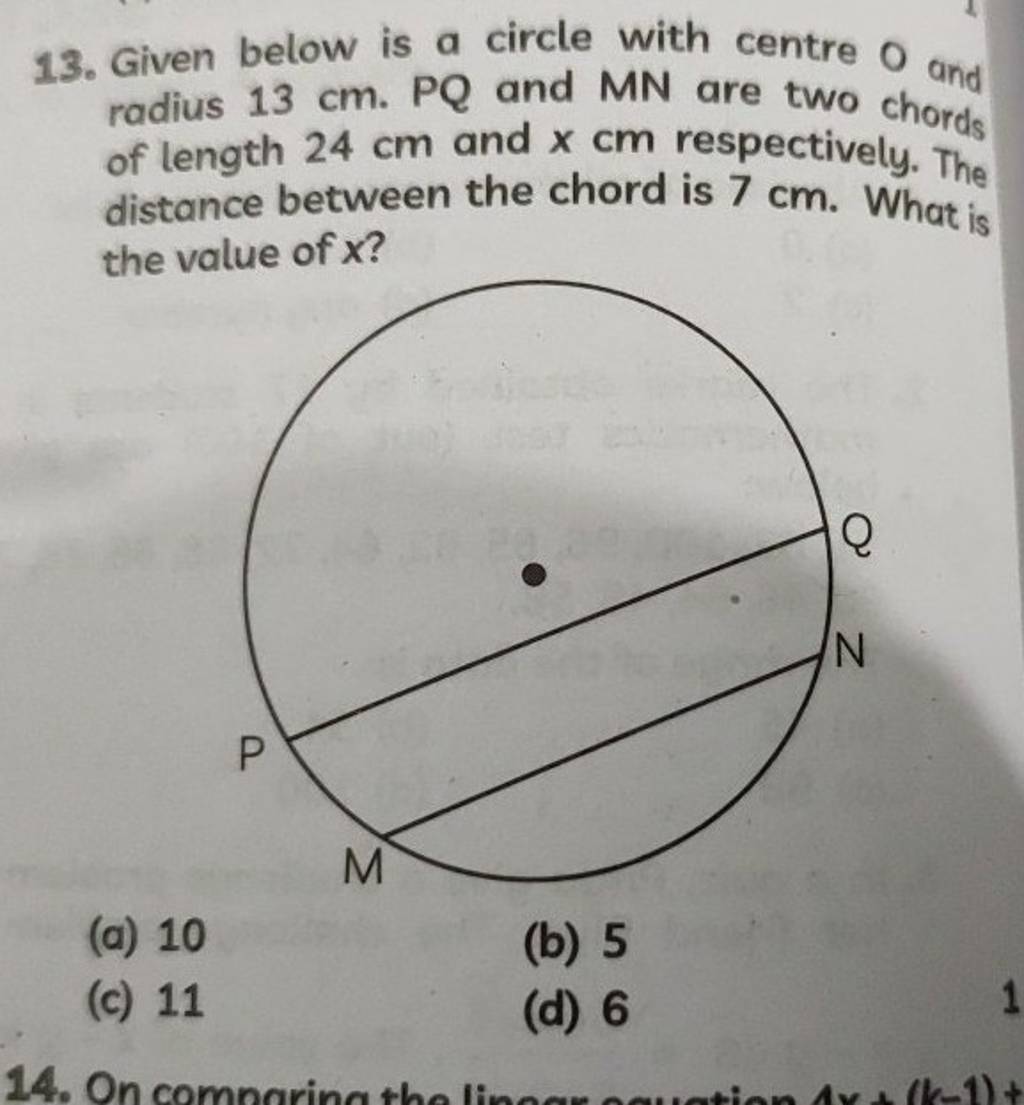 13. Given below is a circle with centre O and radius 13 cm. PQ and MN are..