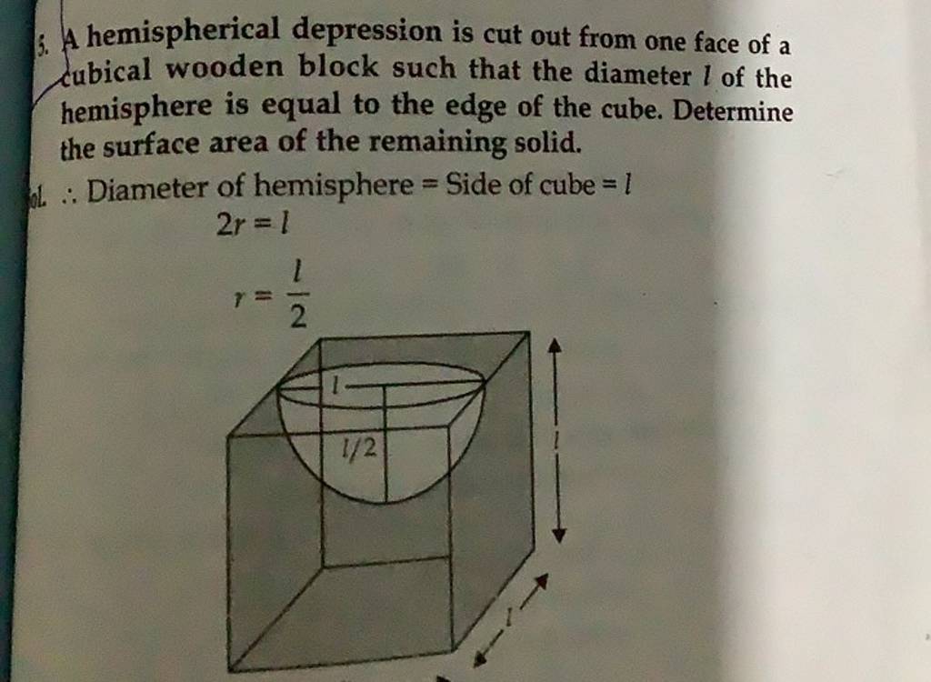5. A hemispherical depression is cut out from one face of a cubical woode..