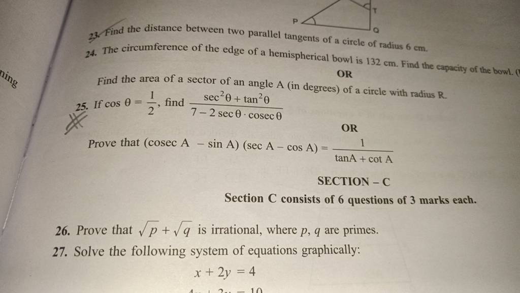 23. Find the distance between two parallel tangents of a circle of radius..
