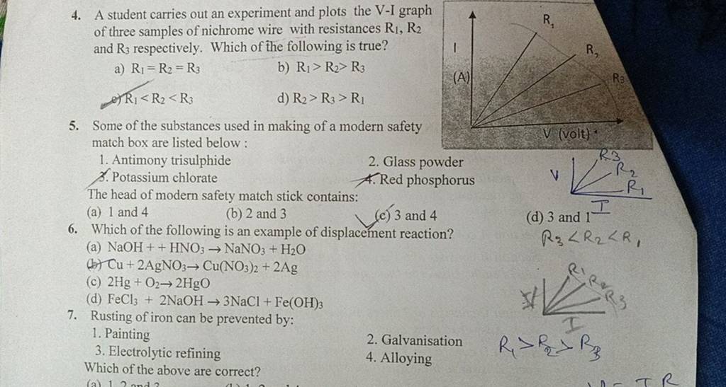 A student carries out an experiment and plots the V-I graph of three samp..