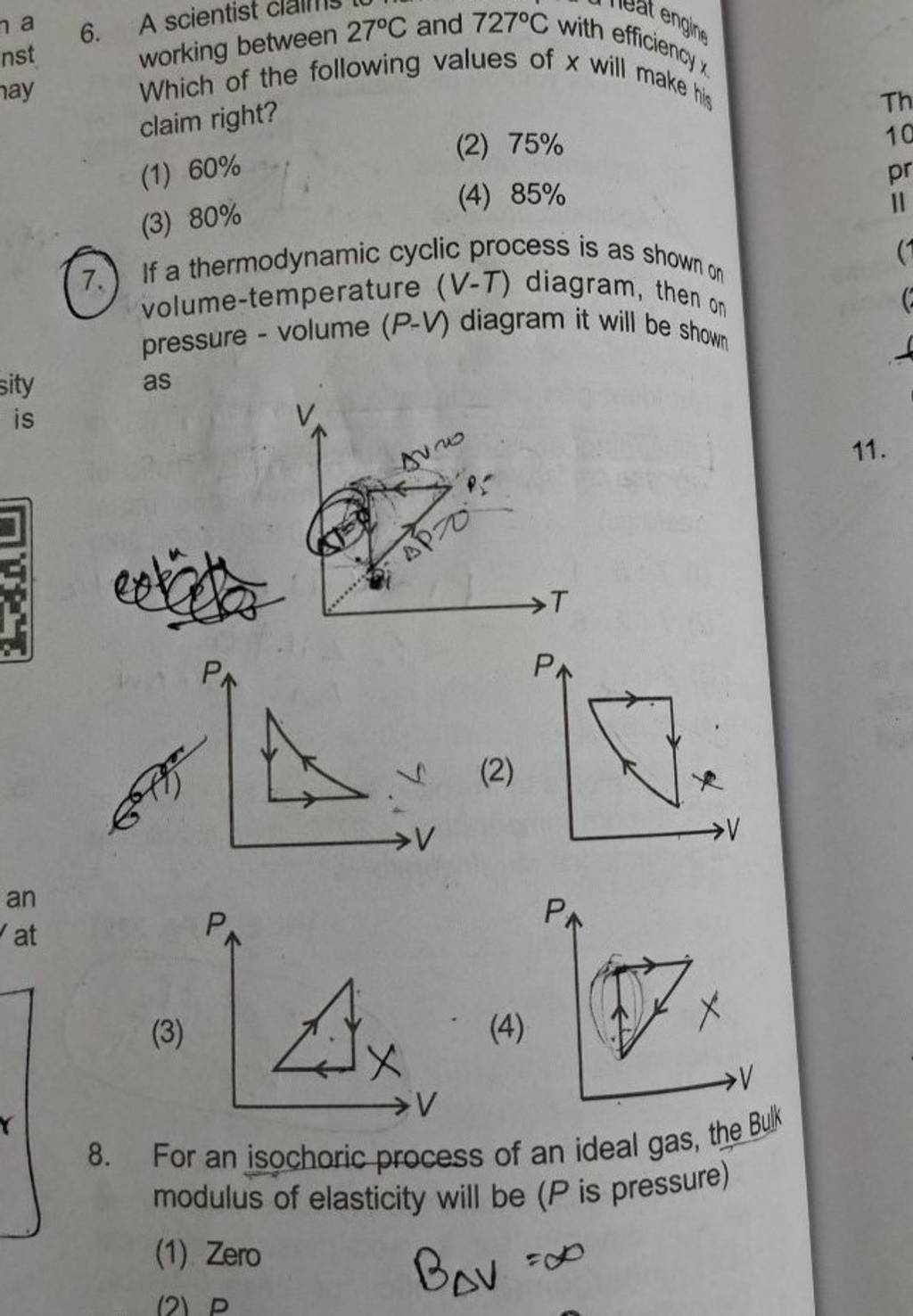 For an isochoric process of an ideal gas, the Bulk modulus of elasticity
