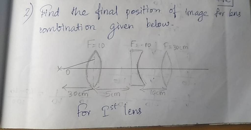 2) Find the final position of image for lens combination given below. for..