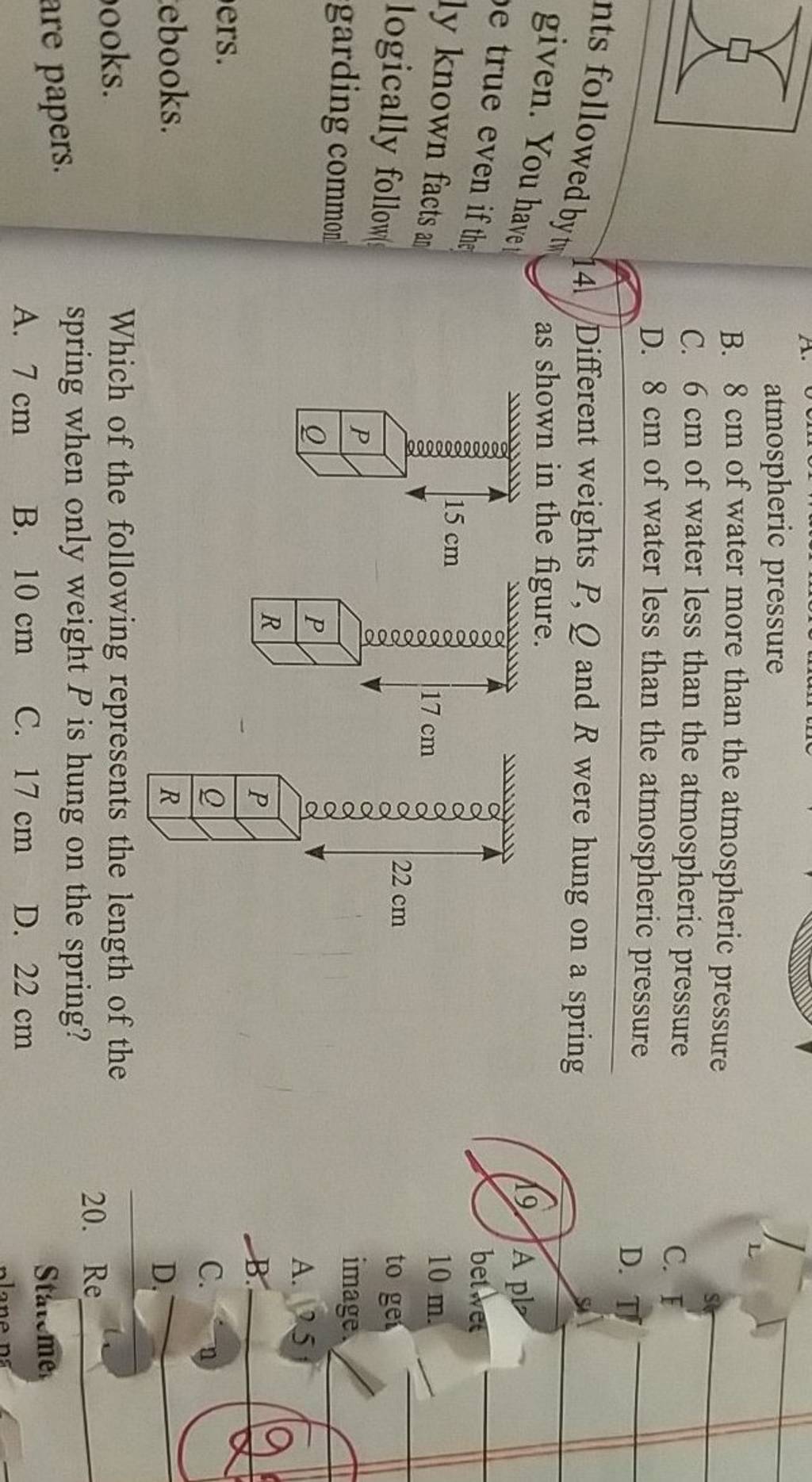 Different weights P,Q and R were hung on a spring as shown in the figure...