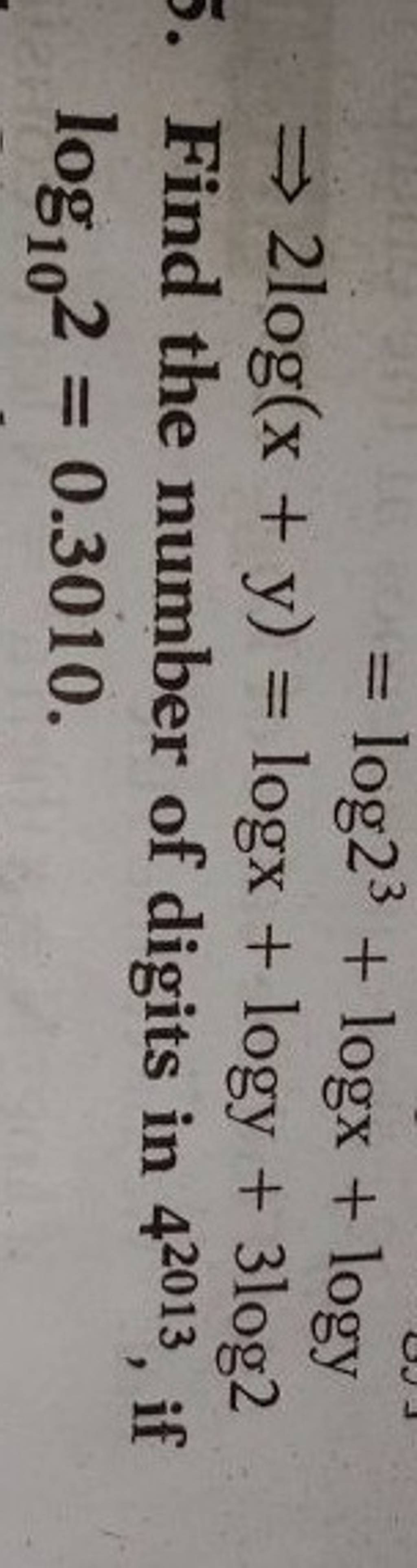 ⇒2log(x+y) =log23+logx+logy=logx+logy+3log2 5. Find the number of digits..
