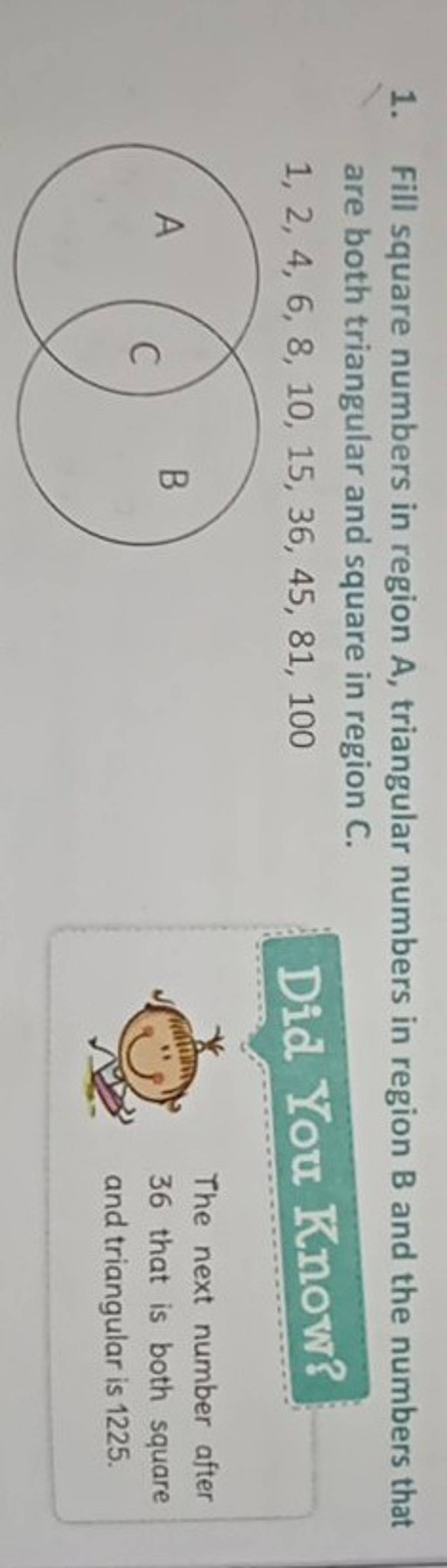1. Fill square numbers in region A, triangular numbers in region B and th..