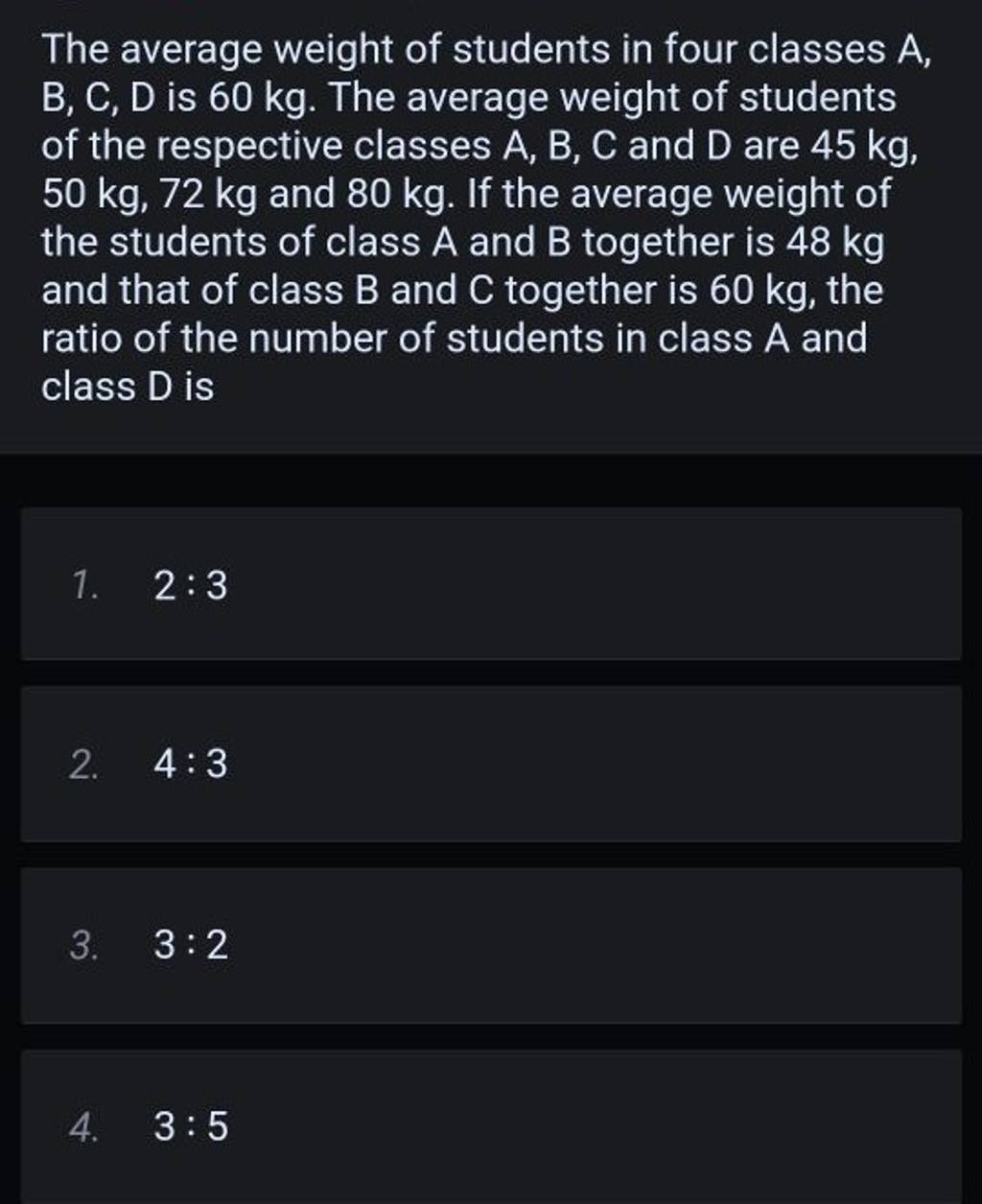 The average weight of students in four classes A, B,C,D is 60 kg. The ave..