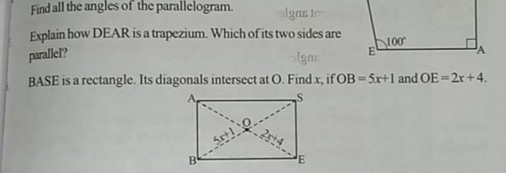 Find all the angles of the parallelogram. Explain how DEAR is a trapezium..