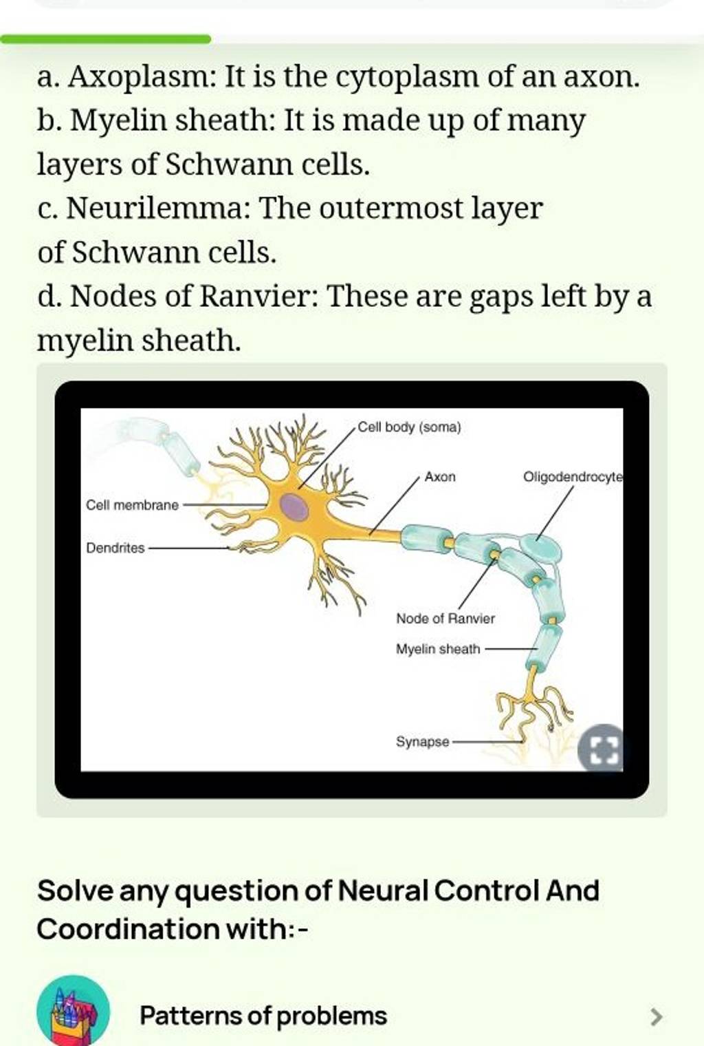 a. Axoplasm: It is the cytoplasm of an axon. b. Myelin sheath: It is made..