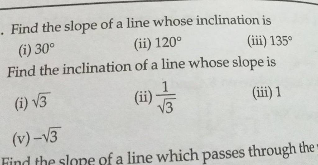Find the slope of a line whose inclination is (i) 30∘ (ii) 120∘ (iii) 135..