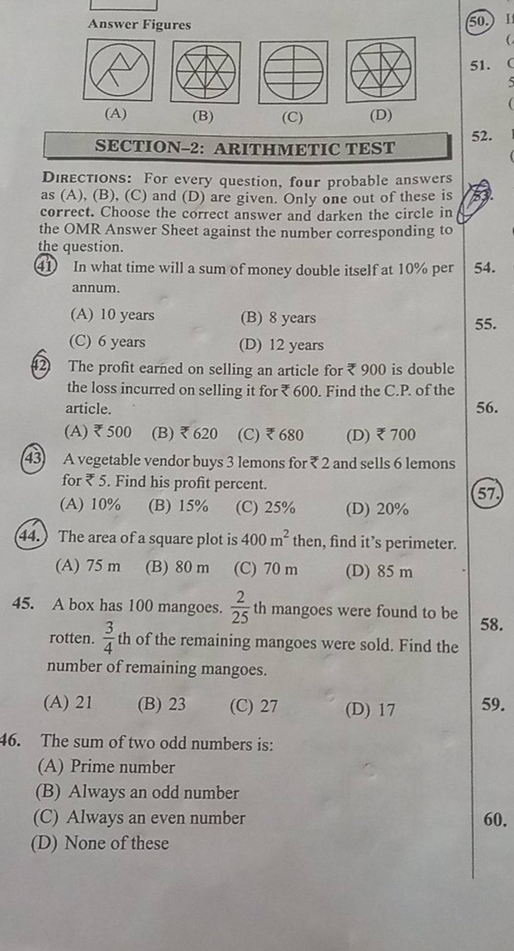 Answer Figures (A) (B) (C) (D) SECTION-2: ARITHMETIC TEST DIRECTIONS: For..