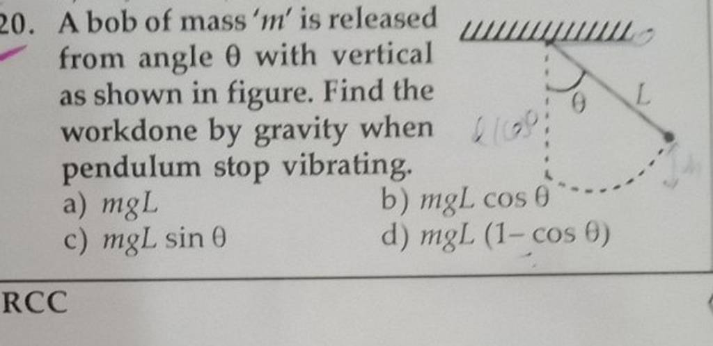 A bob of mass ' m ' is released from angle θ with vertical as shown in fi..