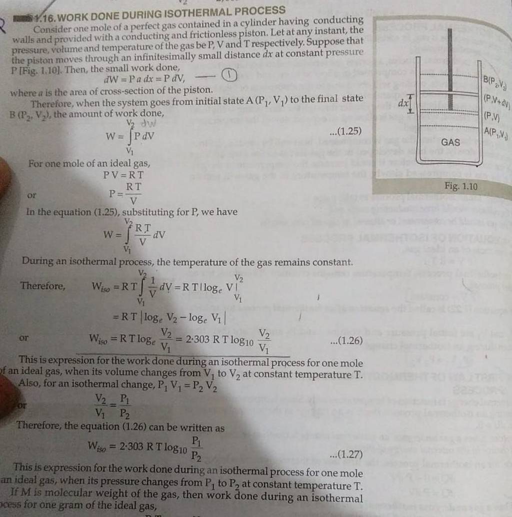 1.16. WORK DONE DURING ISOTHERMAL PROCESS Consider one mole of a perfect