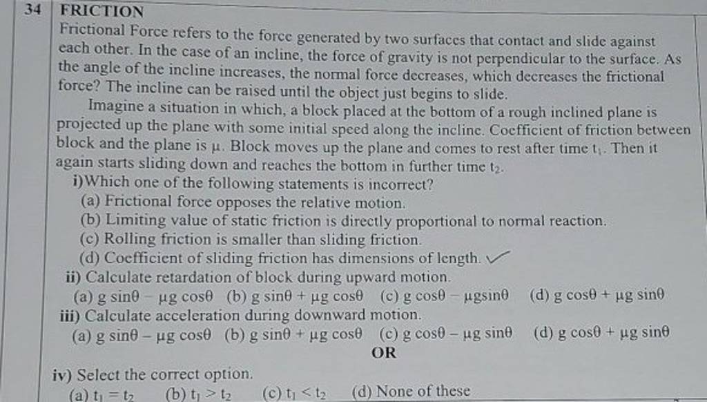 Calculate retardation of block during upward motion. (a) gsinθ−μgcosθ