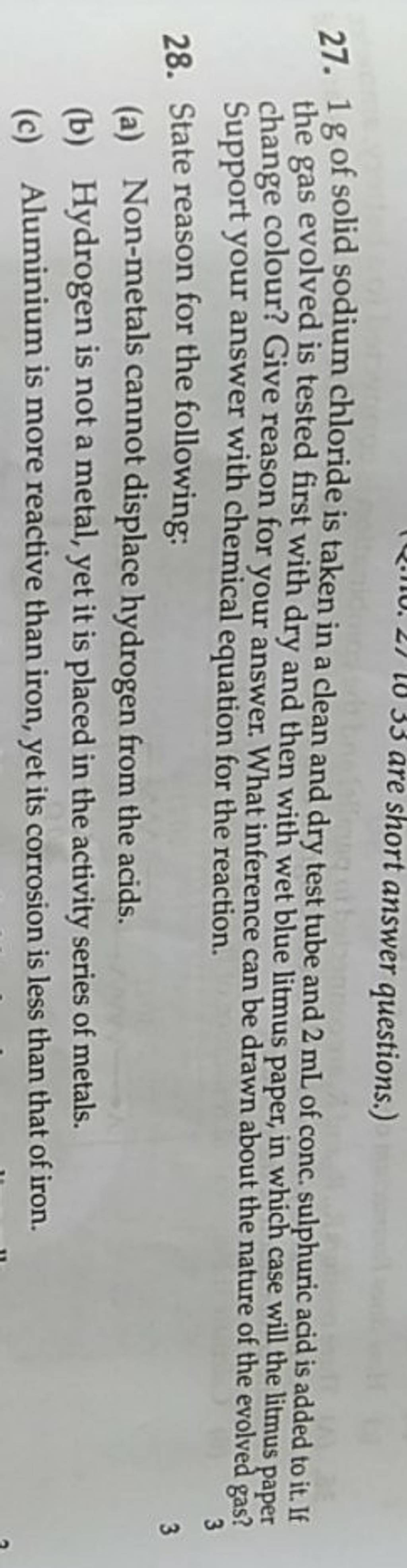27. 1 g of solid sodium chloride is taken in a clean and dry test tube an..