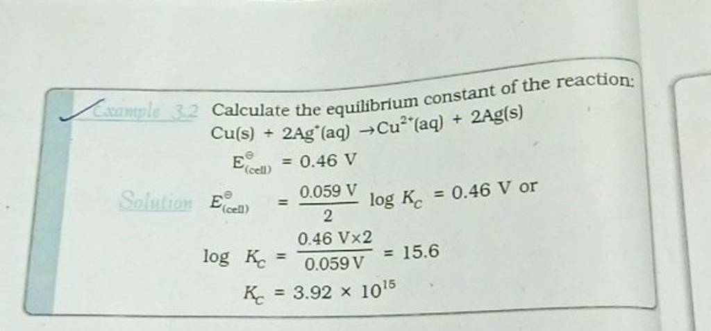 Calculate The Equilibrium Constant Of The Reaction Cu S E Cell ⊖ E Cel