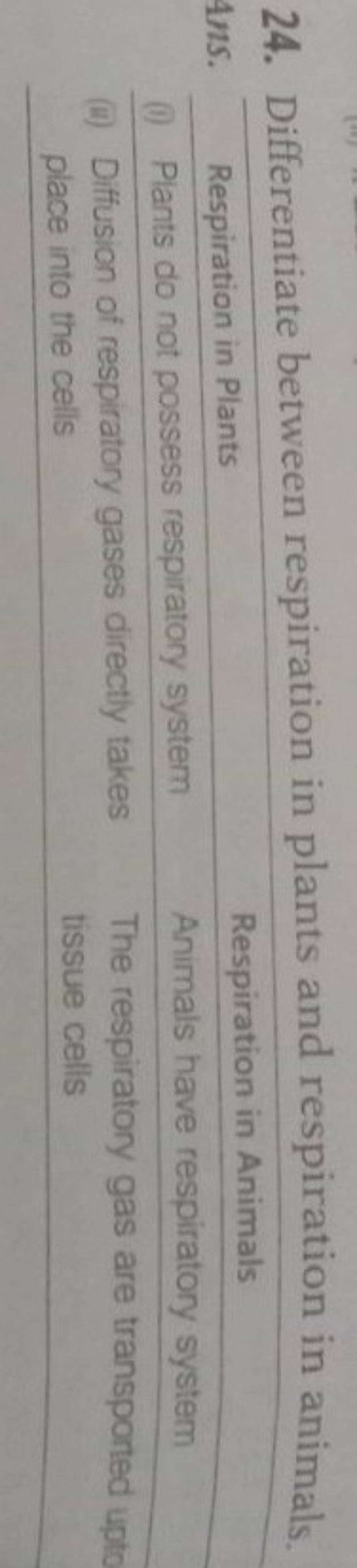 24. Differentiate between respiration in plants and respiration in animal..