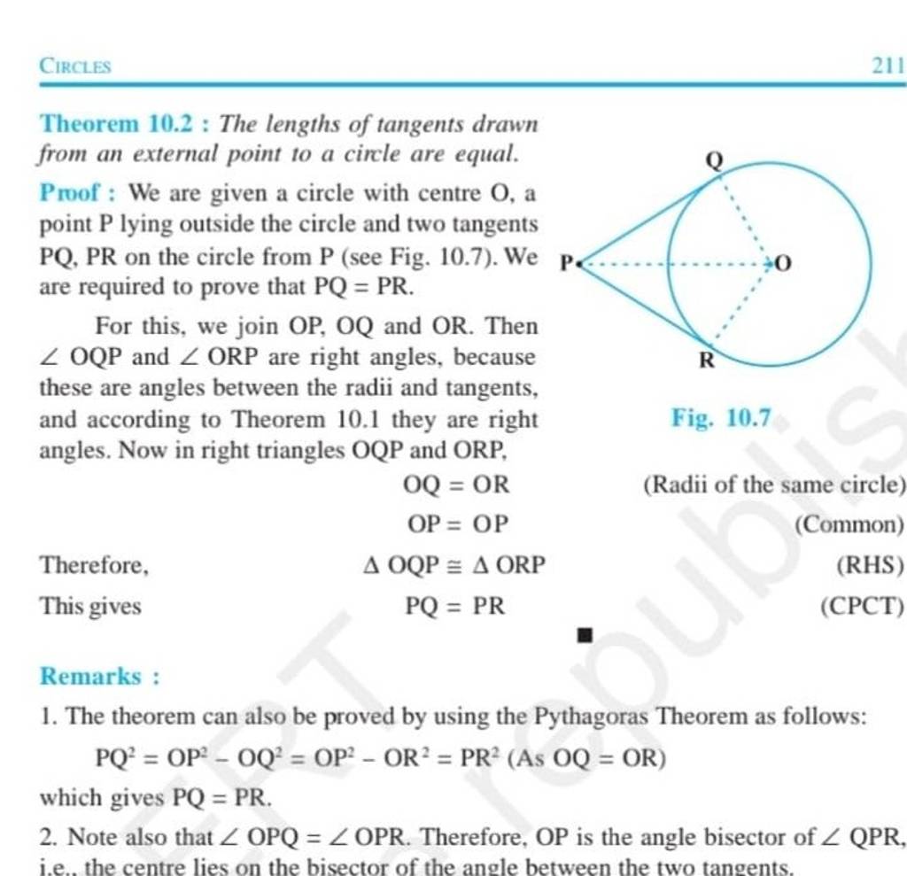 CiRCLES 211 Theorem 10.2 : The lengths of tangents drawn from an external..