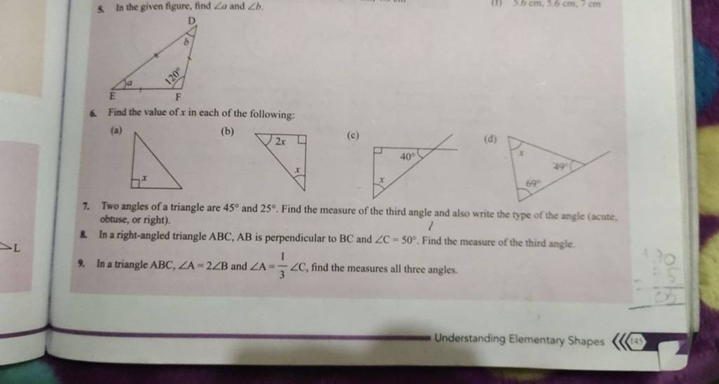 5. In the given figure, find ∠a and ∠b. 6. Find the value of x in each of..