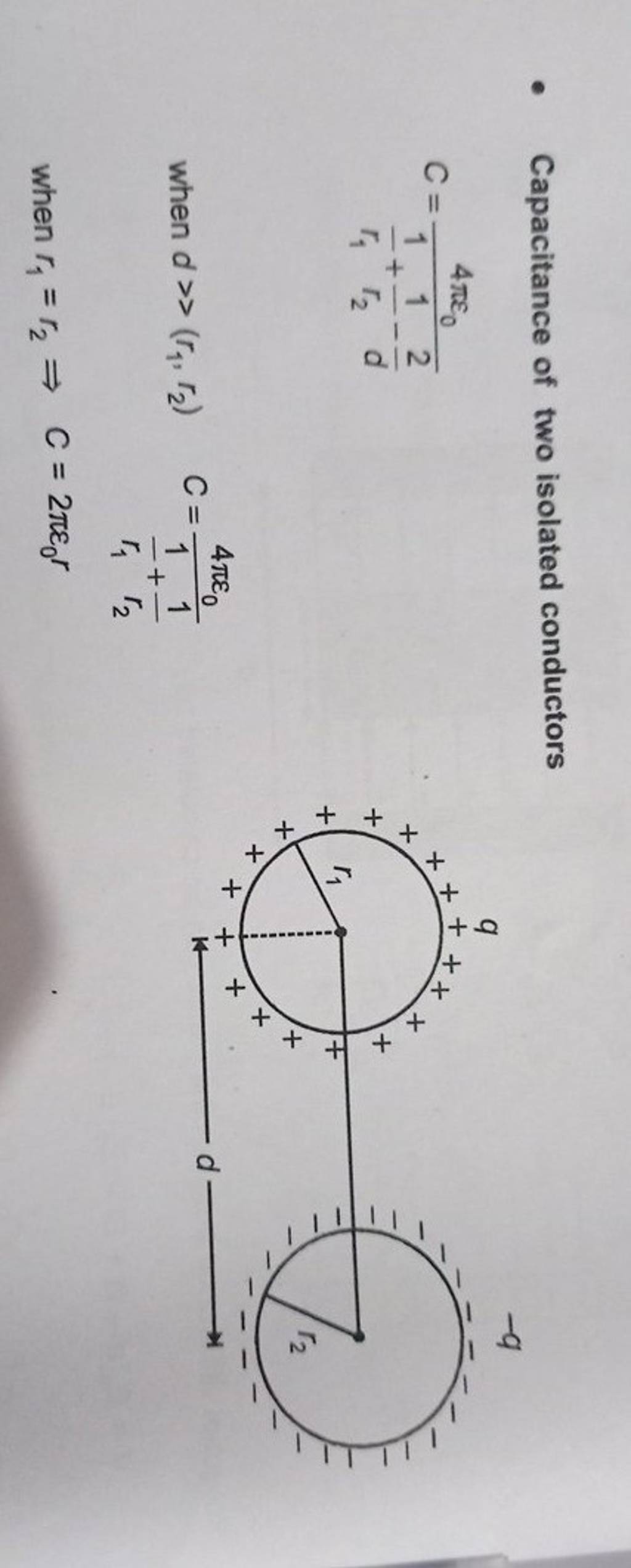 - Capacitance of two isolated conductors C=r1 1 +r2 1 −d2 4πε0 when d≫(..