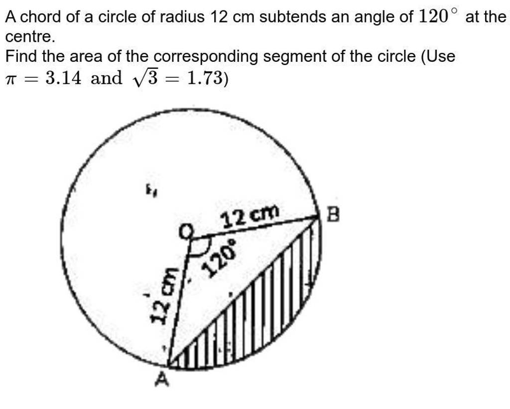 A chord of a circle of radius 12 cm subtends an angle of 120∘ at the cent..