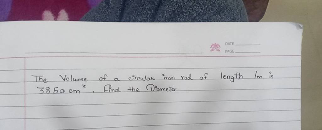 The volume of a circular iron rod of length 1 m is 3850 cm3. Find the Dia..