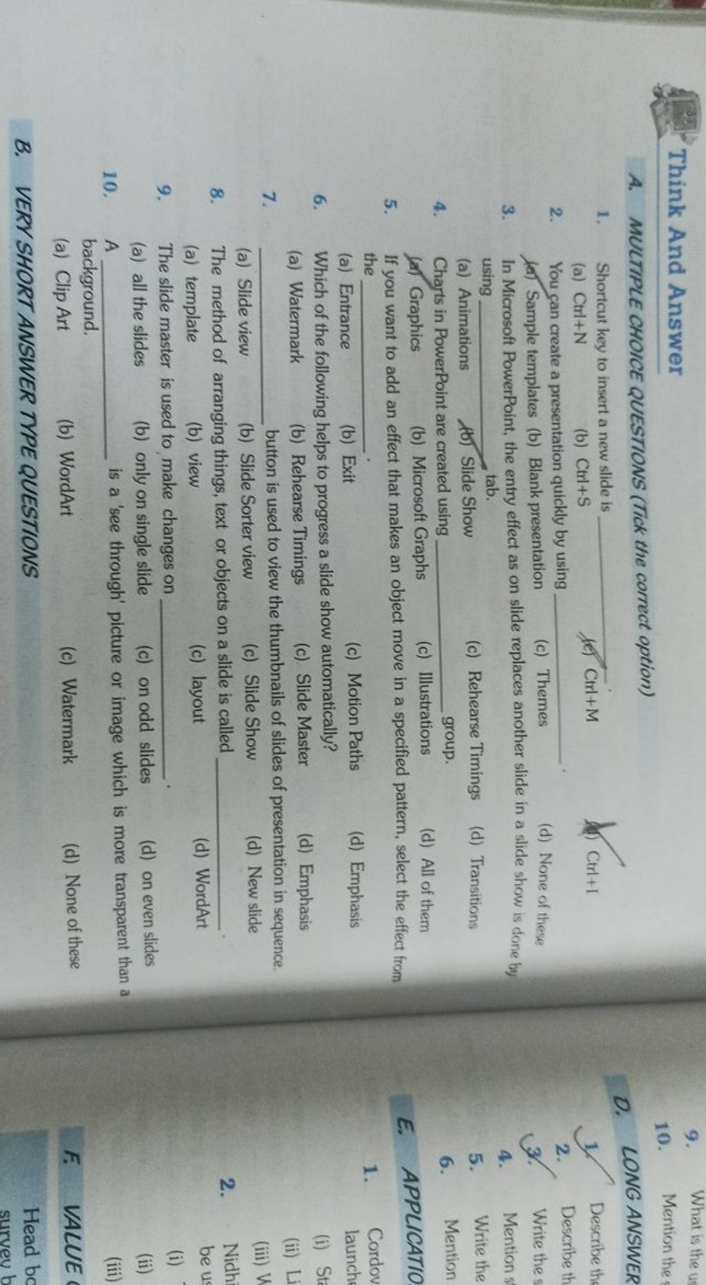 Think And Answer A. MULTIPLE CHOICE QUESTIONS (Tick the correct option) 1..