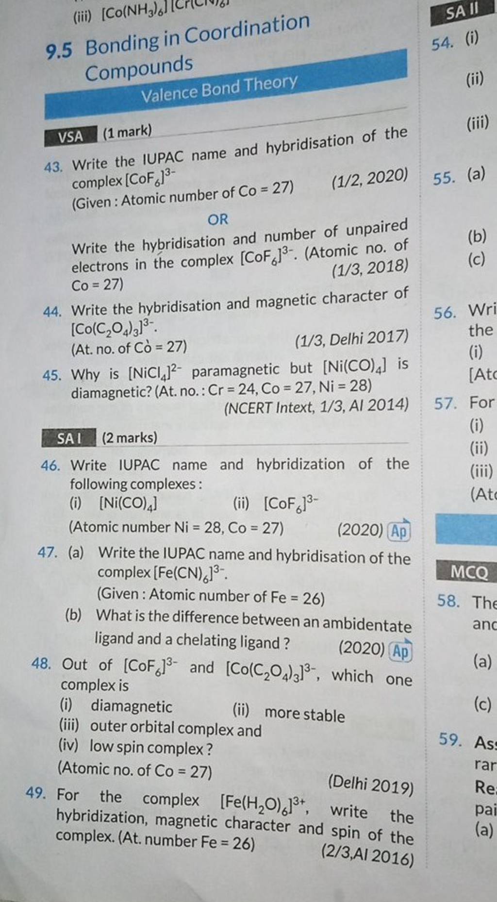 (Atomic number Ni=28,Co=27 ) (2020) Ap 47. (a) Write the IUPAC name and h..