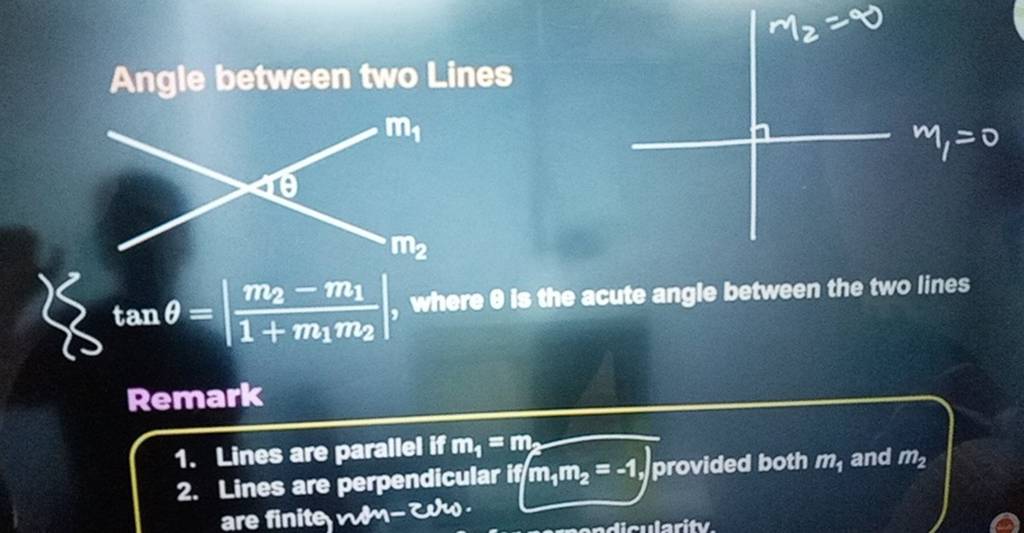 Angle between two Lines tanθ=∣∣ 1+m1 m2 m2 −m1 ∣∣ , whore O is the acute..