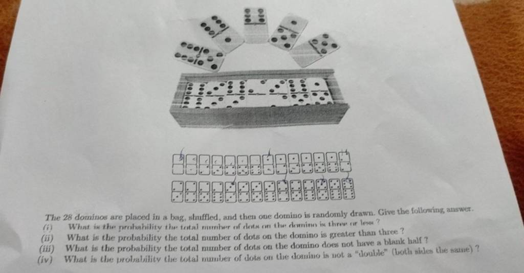 The 28 dominos are placed in a bag, stuffled, and then one domino is rand..
