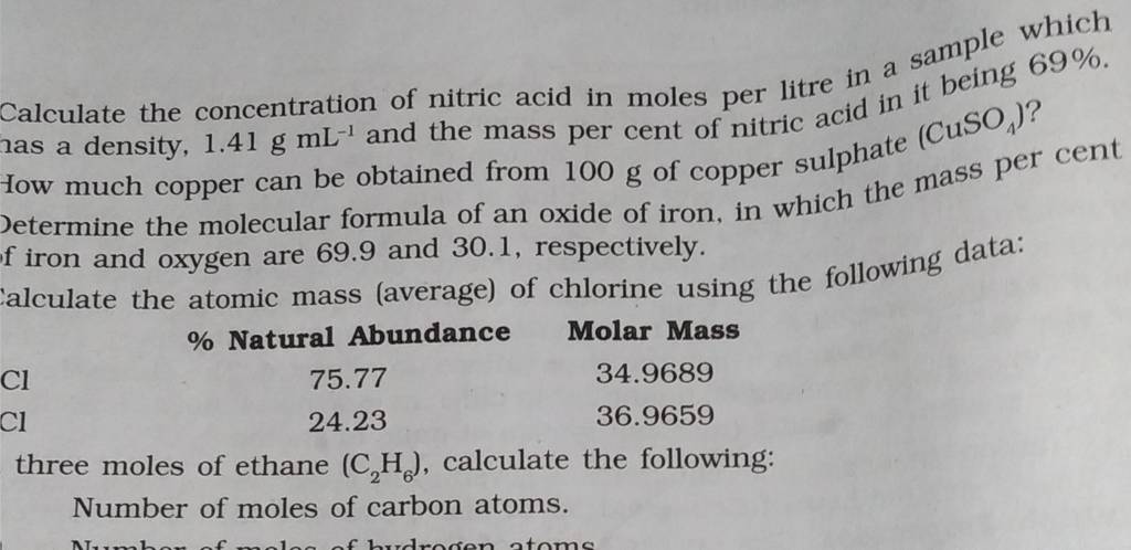 Calculate the concentration of nitric acid in moles per litre in a sample..
