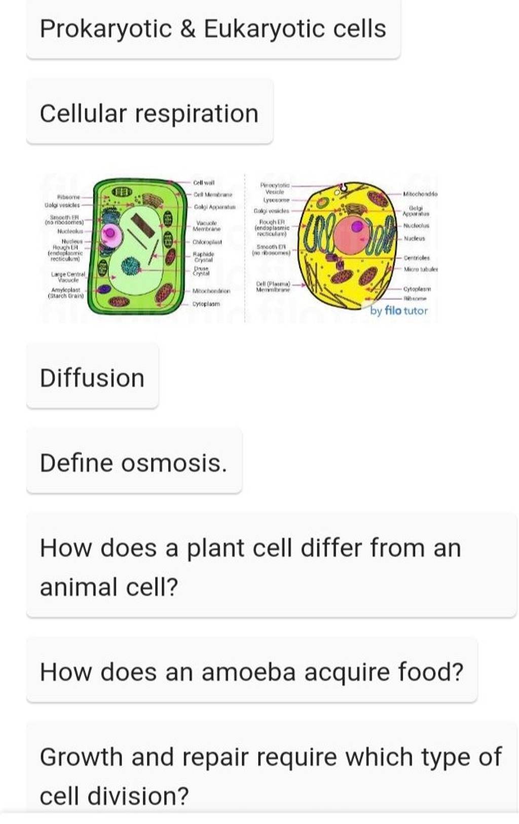 Prokaryotic \& Eukaryotic cells Cellular respiration Diffusion Define osm..