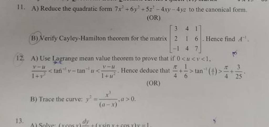 11 A Reduce The Quadratic Form 7x2 6y2 5z2−4xy−4yz To The Canonical For