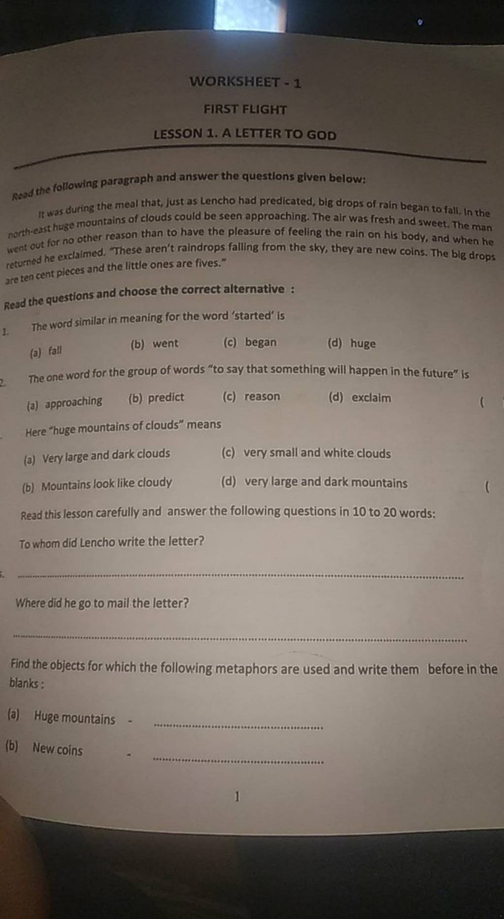 WORKSHEET - 1 FIRST FLIGHT LESSON 1. A LETTER TO GOD Regd the following p..