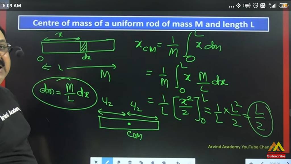 Centre of mass of a uniform rod of mass M and length L ←MM M=M1 ∫0L LM dx..