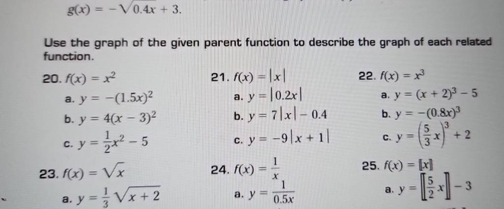 g(x)=−0.4x +3 Use the graph of the given parent function to describe the