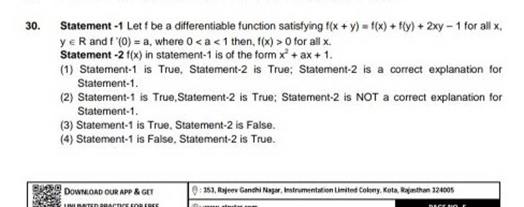 Statement −1 Let F Be A Differentiable Function Satisfying F X Y F X F