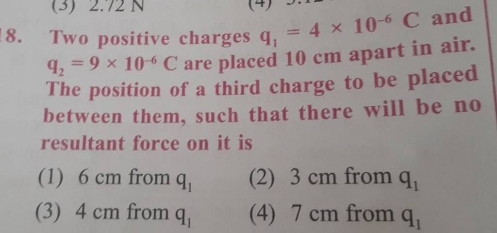 Two positive charges q1 =4×10−6C and q2 =9×10−6C are placed 10 cm apart i..
