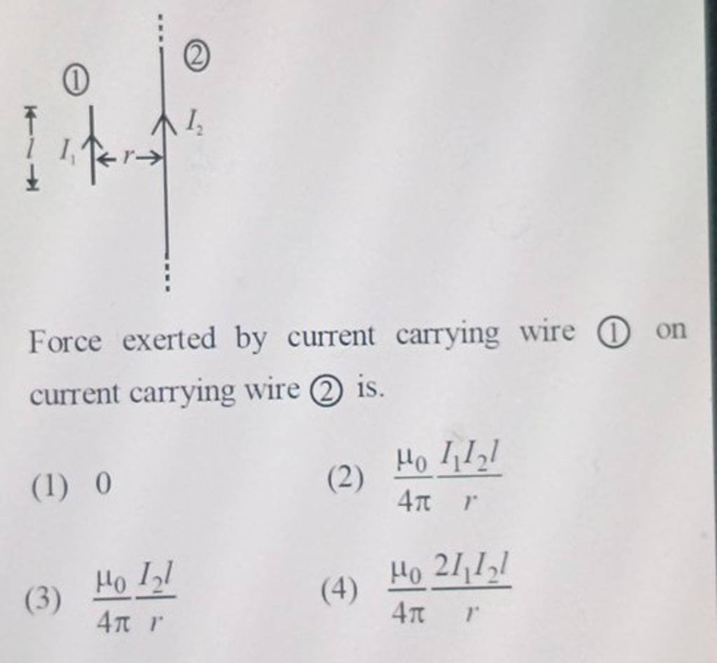 Force exerted by current carrying wire (1) on current carrying wire (2) i..