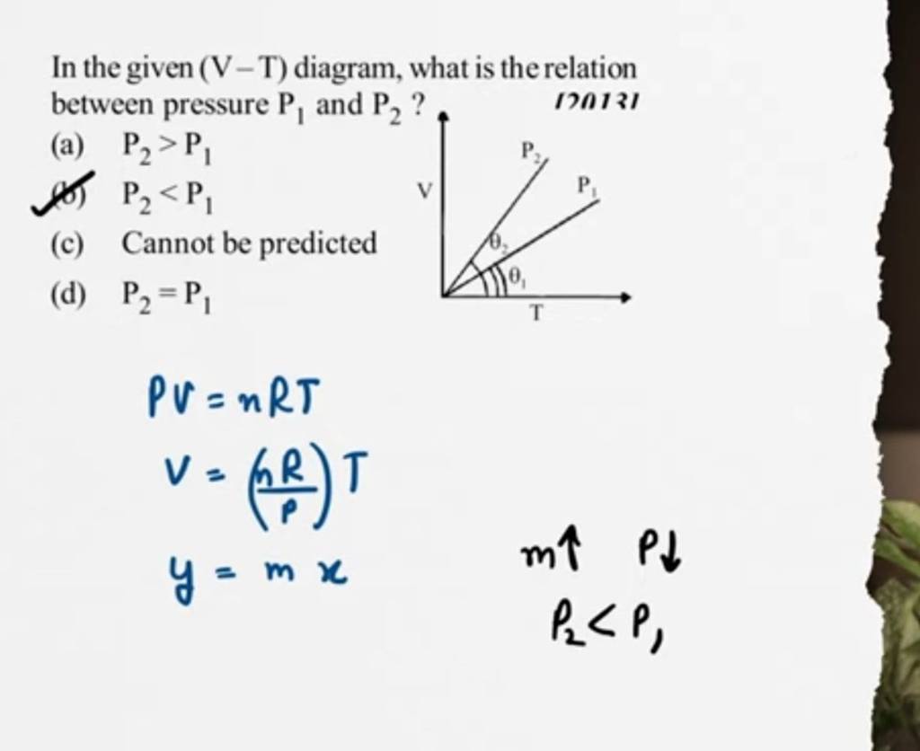 In the given (V−T) diagram, what is the relation between pressure P1 and..