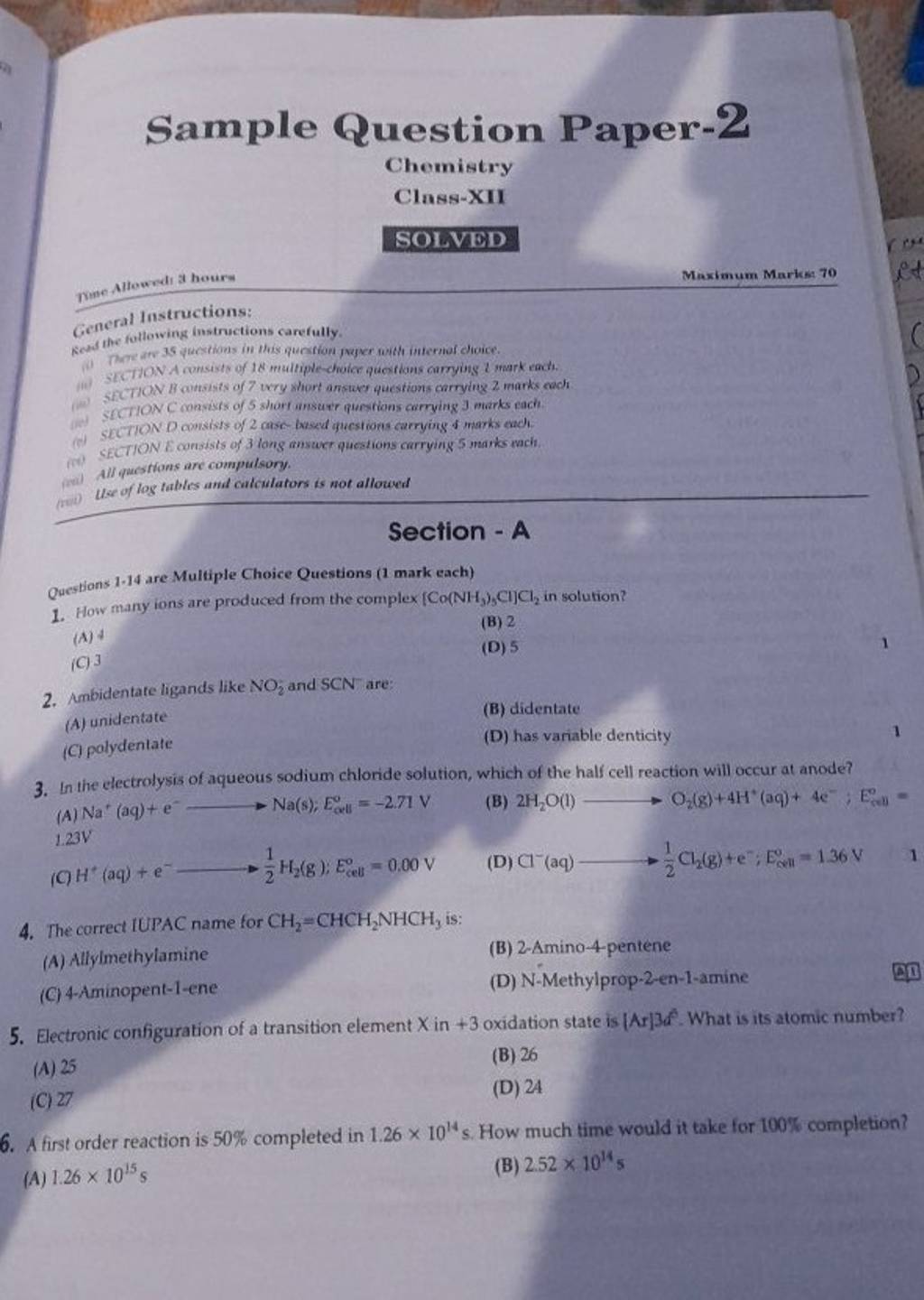 Sample Question Paper-2 Chemistry Class-XII SOLVED Nime Allowedi 3 hours Sample Question Paper-2 Chemistry Class-XII SOLVED Nime Allowedi 3 hours