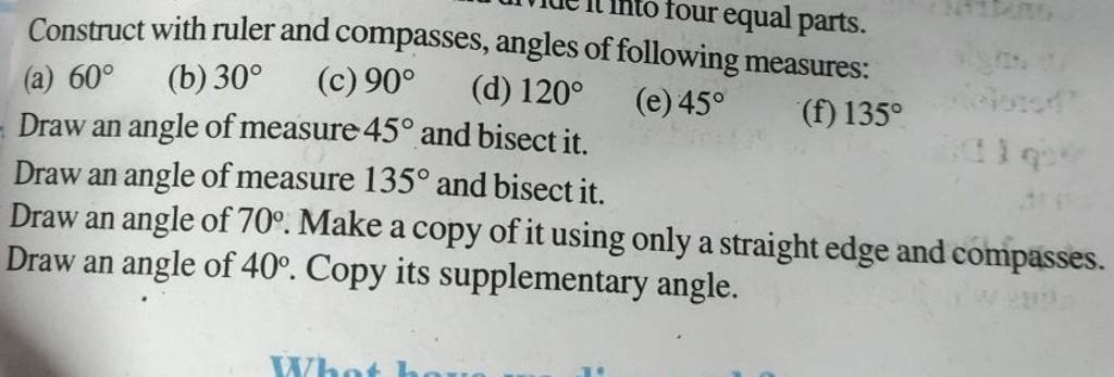 Construct with ruler and compasses, angles of following measures: (a) 60∘..