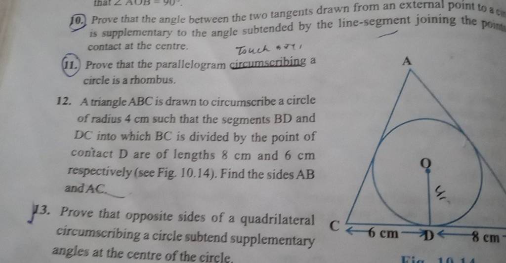 10. Prove that the angle between the two tangents drawn from an external