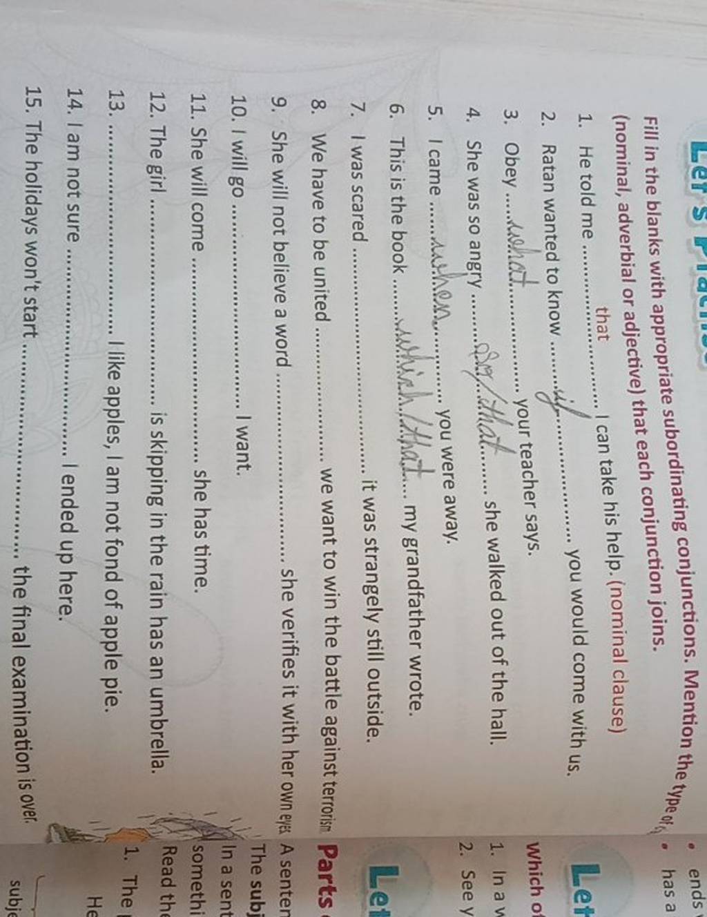 Fill in the blanks with appropriate subordinating conjunctions. (nominal,..