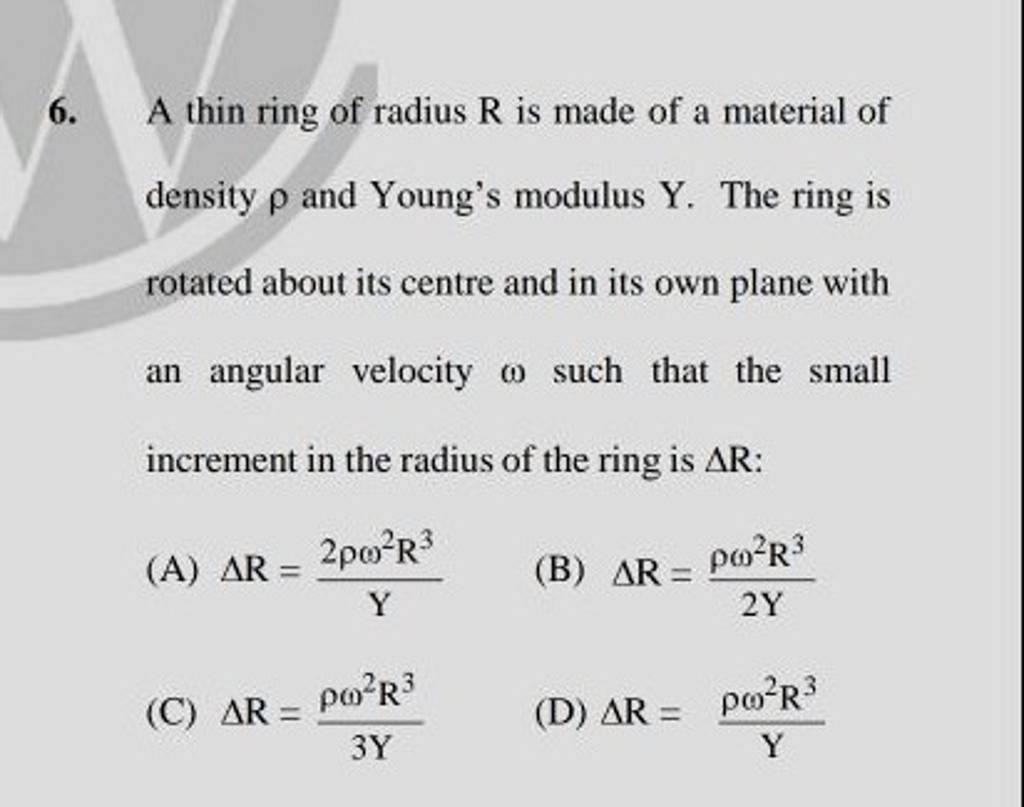 A thin ring of radius R is made of a material of density ρ and Young's mo..
